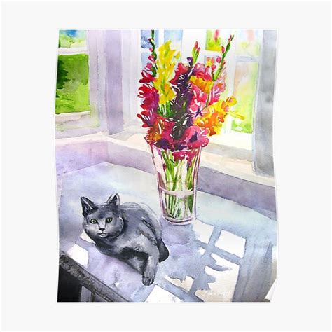 Póster «pintura De Acuarela De Laura Rispoli Cat Y Gladiolus By The Sunny Window De Laura