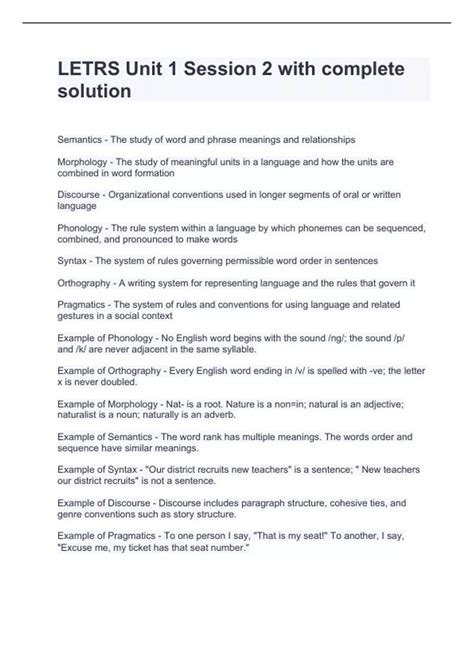 LETRS Unit 1 Session 2 With Complete Solution Nursing Stuvia US