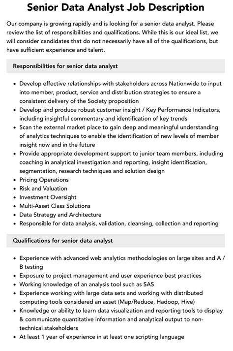 Senior Data Analyst Job Description Velvet Jobs