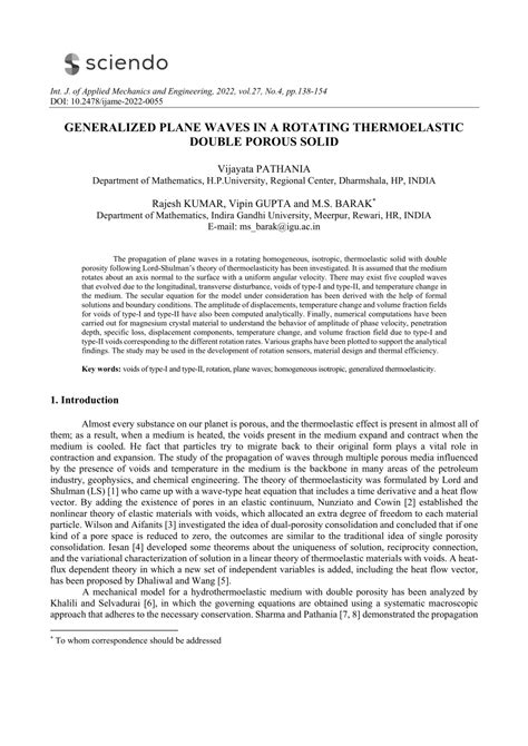 Pdf Generalized Plane Waves In A Rotating Thermoelastic Double Porous Solid