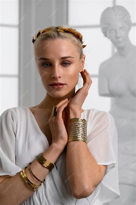 그리스 여신 전면 보기로 포즈를 취하는 여자 무료 사진