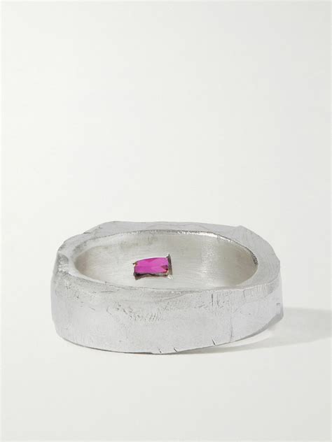 The Ouze Sterling Silver Laboratory Grown Ruby Signet Ring Silver