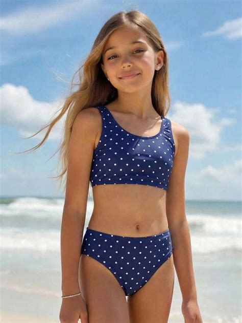 Shein Tween Girl Navy Blue And White Polka Dot Bikini Set Summer Beach