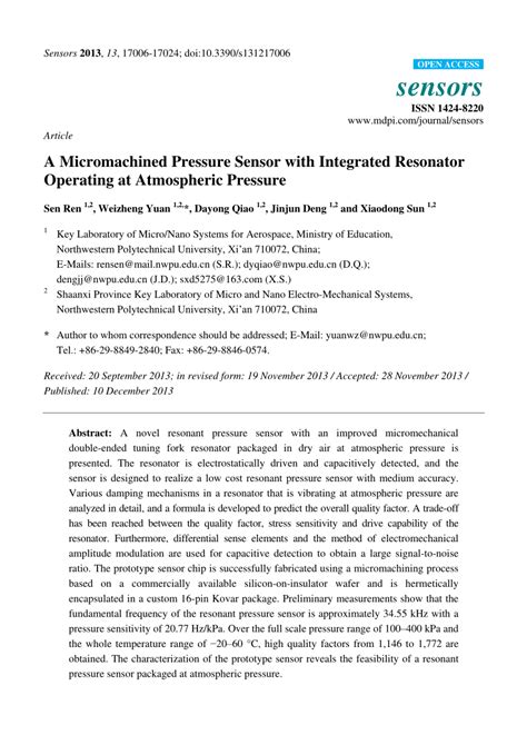 Pdf A Micromachined Pressure Sensor With Integrated Resonator Operating At Atmospheric Pressure