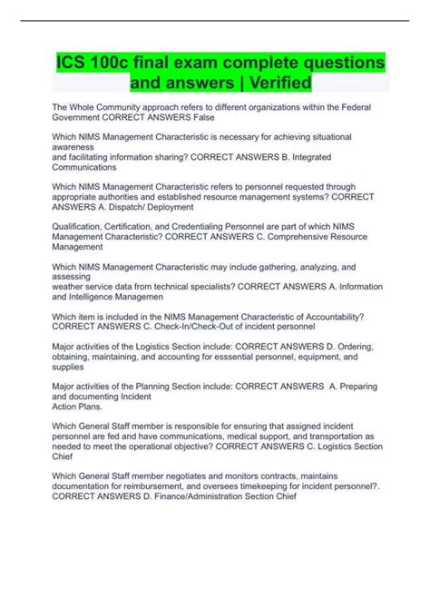 ICS C Final Exam Complete Questions And Answers Verified Fema Is C Stuvia US