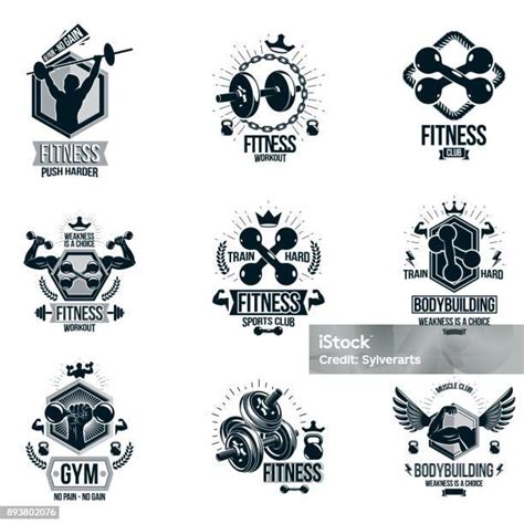 벡터 피트 니스 운동 테마 기호 고 아령 아가씨 디스크 무게 스포츠 장비와 근육 스포츠맨 바디 실루엣 만든 영감 포스터 컬렉션 보디 빌딩에 대한 스톡 벡터 아트 및 기타