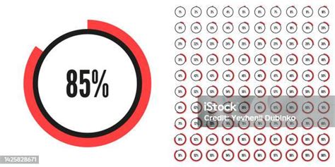 배율이 1에서 100인 백분율 다이어그램 집합입니다 인포그래픽 사용자 인터페이스에 대한 백분율의 원형 차트입니다 진행률 다운로드 및 업로드 1에서 100까지의 스케일로 미터