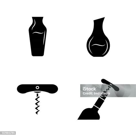 와이너리 문말 아이콘 설정 다른 유형의 디켄터 코르크 나사 병 개방 도구 바만 장비 알코올 음료 식전주 음료 실루엣 기호입니다
