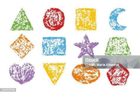 크레용 컬러 아이 기하학적 모양 분필 사각형 삼각형 별 원 심장 직사각형 타원형 사각형 필기 벡터 그림입니다 어린이 테마 포스터 질감에 가장 적합합니다 빅 세트 0명에 대한