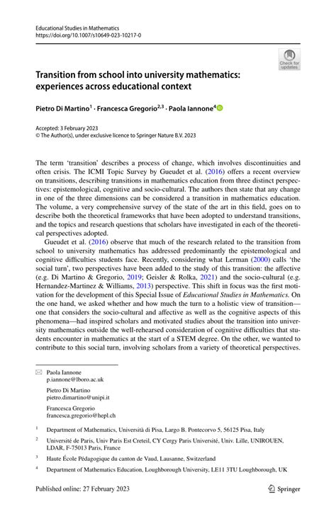 Pdf Transition From School Into University Mathematics Experiences Across Educational Context