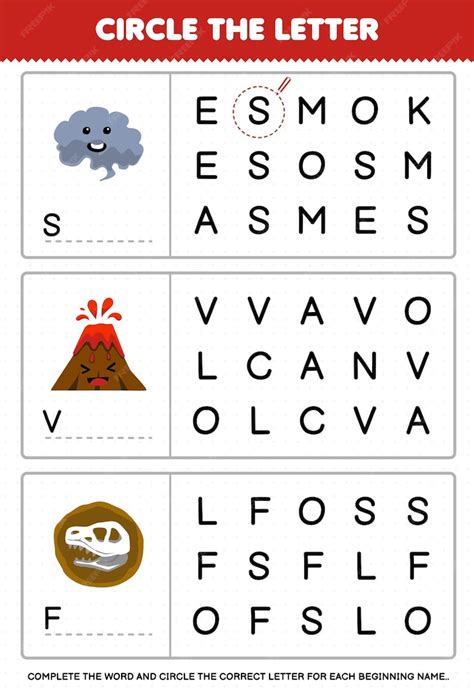 어린이를 위한 교육 게임은 귀여운 만화 연기 화산 화석 인쇄 가능한 자연 워크시트의 시작 문자를 원으로 표시합니다 프리미엄 벡터