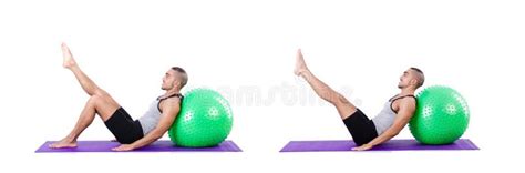 The Man With Swiss Ball Doing Exercises On White Stock Image Image Of Composite Aerobic