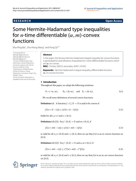 Pdf Some Hermite Hadamard Type Inequalities For N Time Differentiable α M Convex Functions