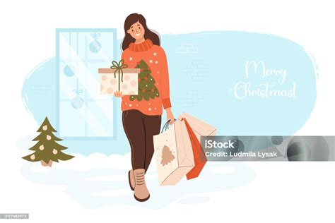 즐거운 성탄절 새해 쇼핑 축제 크리스마스 스웨터에 패키지와 선물 상자를 가진 행복한 여자는 나무와 상점 창문의 눈 덮인 거리에 있습니다 벡터 수평 Illustration