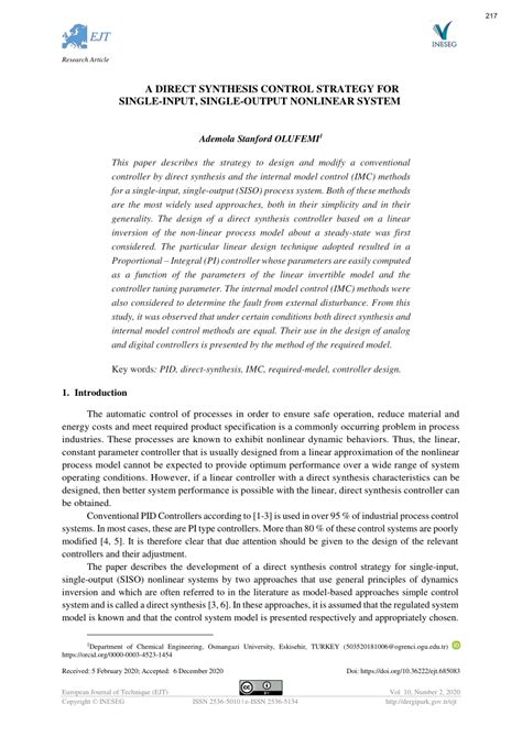 Pdf A Direct Synthesis Control Strategy For Single Input Single