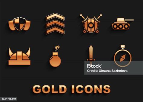 폭탄을 폭발 할 준비가 설정 군사 탱크 나침반 중세 칼 뿔 헬멧에 바이킹 교차 검나무 방패 방패와 순위 아이콘 벡터 검은색에 대한 스톡 벡터 아트 및 기타 이미지 Istock