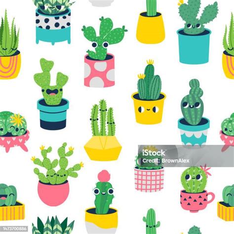 선인장 이음새가 없는 무늬 웃는 얼굴로 귀여운 화분 식물 쾌활한 표정을 가진 식물 캐릭터 가시에 대한 스톡 벡터 아트 및 기타 이미지 Istock