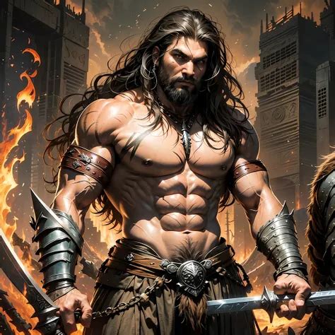 A Man With A Sword Standing In Front Of A Fire Male Barbarian