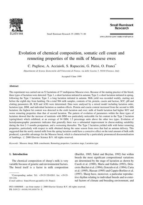 Pdf Evolution Of Chemical Composition Somatic Cell Count And Renneting Properties Of The Milk