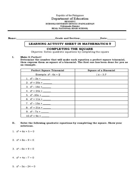 Grade 9 Math Learning Activity Sheet Pdf