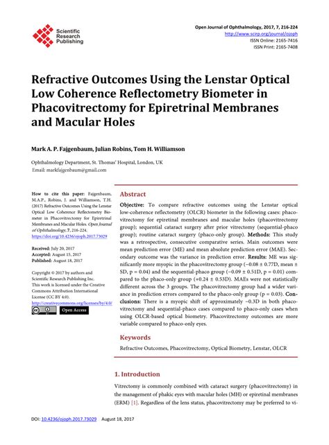 Pdf Refractive Outcomes Using The Lenstar Optical Low Coherence Reflectometry Biometer In
