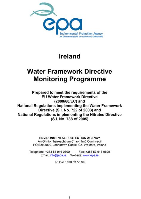 Ireland Water Framework Directive Monitoring Programme Prepared To Meet The Requirements Of The