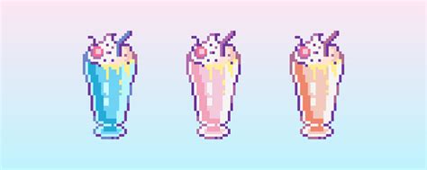 픽셀 아트 밀크 쉐이크 칵테일 아이콘 세트 8 비트 벡터 스티커 또는 복고풍 90 년대 게임 스타일의 밀크 셰이크 칵테일의 미소 모자이크 트렌디 펑키 픽셀 부드러운 아이스