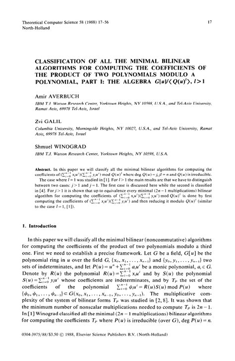 Pdf Classification Of All The Minimal Bilinear Algorithms For Computing The Coefficients Of