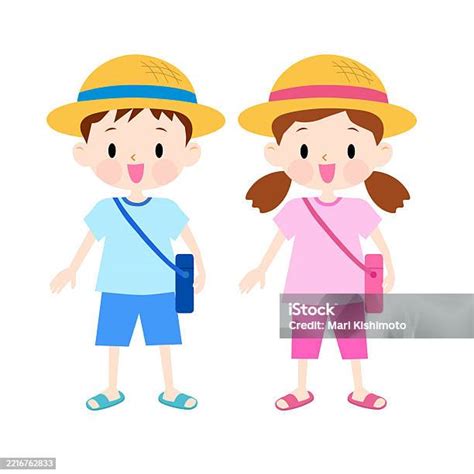밀짚 모자를 쓰고 여름 옷을 입은 귀여운 아이들 라이트 블루와 핑크 벡터 일러스트 레이 션 7월에 대한 스톡 벡터 아트 및 기타 이미지 Istock