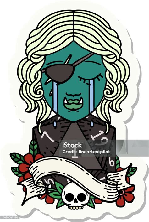 우는 오크 불량 캐릭터 얼굴의 스티커와 자연스러운 D20 롤 굴리기에 대한 스톡 벡터 아트 및 기타 이미지 굴리기 눈 신체