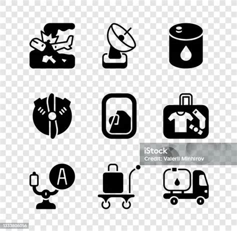 세트 비행기 추락 레이더 배럴 오일 항공기 스티어링 헬멧 트롤리 수하물 연료 유조선 트럭 프로펠러 및 비행기 창 아이콘 벡터 가방에 대한 스톡 벡터 아트 및 기타 이미지
