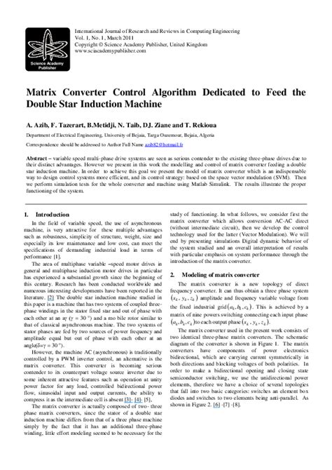 Pdf Matrix Converter Control Algorithm Dedicated To Feed The Double