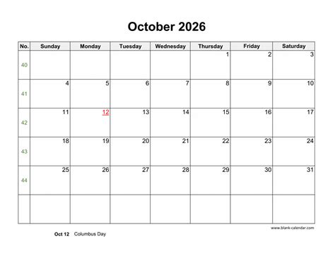 Download October 2026 Blank Calendar Horizontal