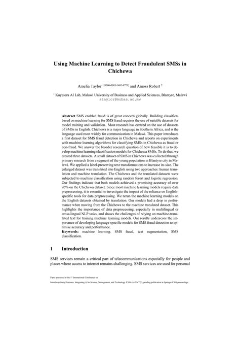 Pdf Using Machine Learning To Detect Fraudulent Smss In Chichewa