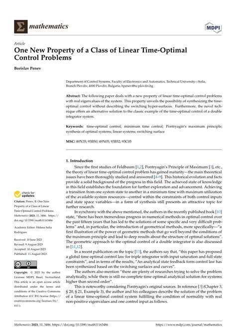Pdf One New Property Of A Class Of Linear Time Optimal Control Problems