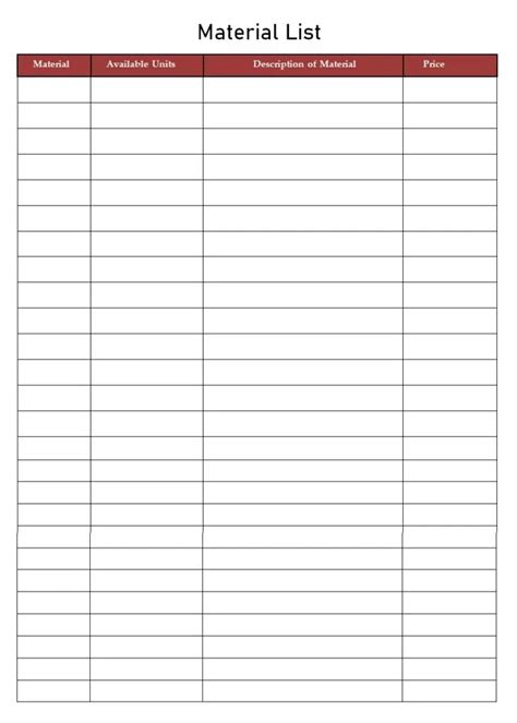 Material List Template Free Word Templates