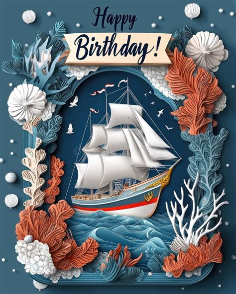 Nauticalthemed 3d Birthday Card With Ship In Frame Stock Illustration