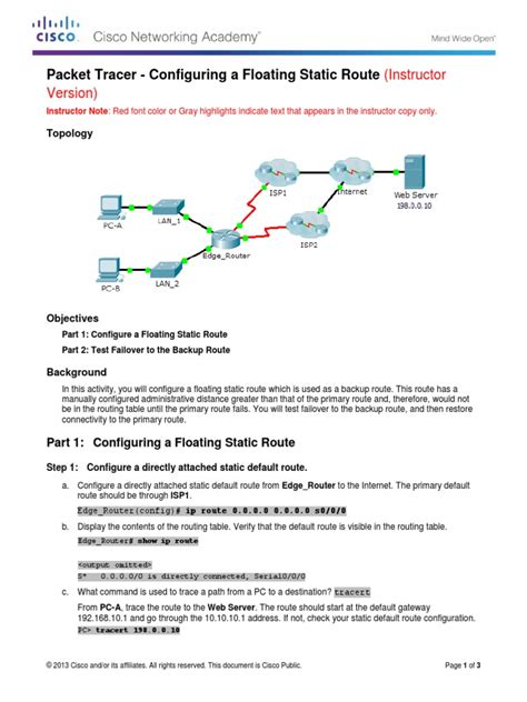 6 4 3 4 packet tracer configuring a floating static route