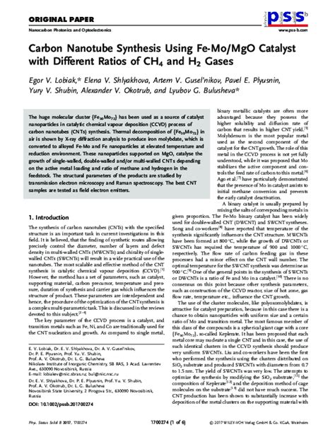Pdf Carbon Nanotube Synthesis Using Fe Momgo Catalyst With Different Ratios Of Ch4 And H2 Gases