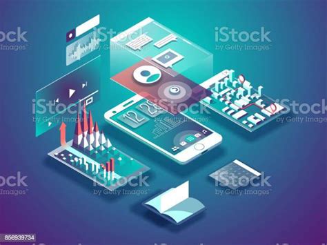아이소메트릭 휴대 전화입니다 다른 애플 리 케이 션 및 아이콘 스마트 하 고 간단한 웹 인터페이스 3 차원 벡터 그림입니다 3차원 형태에 대한 스톡 벡터 아트 및 기타