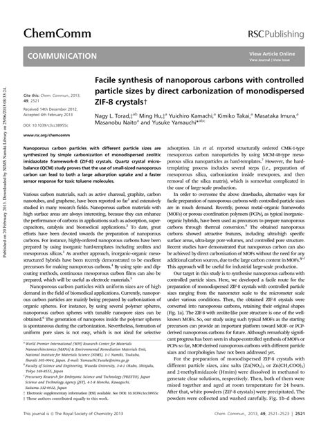 Pdf Facile Synthesis Of Nanoporous Carbons With Controlled Particle
