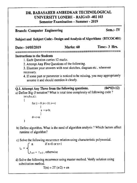Btech Cs 4 Sem Design And Analysis Of Algorithms Btcoc401 May 2019 Pdf Matrix Mathematics