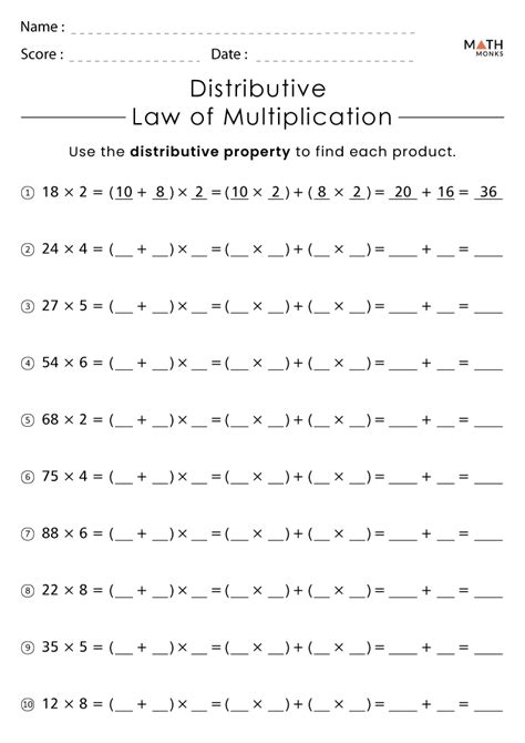 distributive property of multiplication worksheets math monks