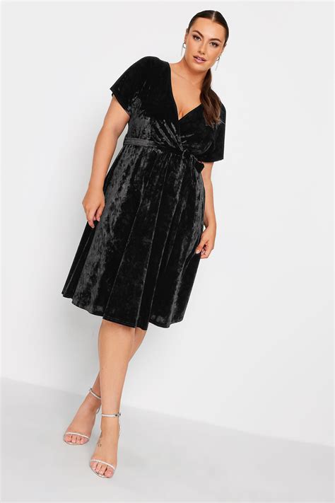 Yours London Plus Size Black Velvet Wrap Skater Dress Yours Clothing