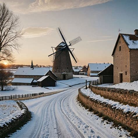 Traditional Windmill Or Wind Engine In Cornfield And Rice Field Brick Wall Snow Stock