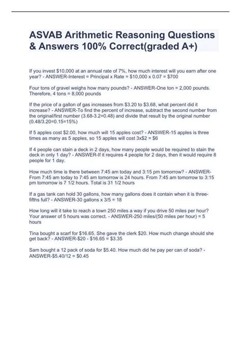 Asvab Arithmetic Reasoning Questions And Answers 100 Correct Graded A Asvab Arithmetic