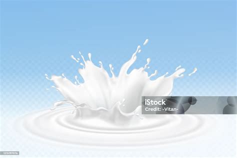 벡터 현실적인 우유 또는 요구르트 스플래시 흐르는 크림 추상적 인 흰색 얼룩 파란색 배경에 고립 된 우유 천연 유기농 유제품의 디자인 3차원 형태에 대한 스톡 벡터 아트 및