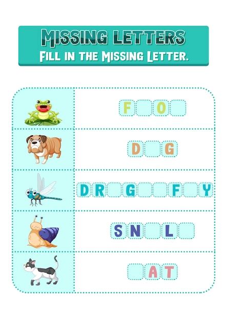 어린이를위한 각 단어 워크 시트의 누락 된 문자 채우기 무료 벡터
