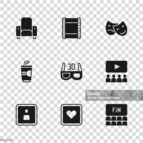 마음과 같이 설정 스크린 3d 시네마 안경 코미디와 비극 마스크 의자 비디오 재생 및 종이 물 아이콘이 있는 시네마 강당 벡터 Premiere에 대한 스톡 벡터 아트 및