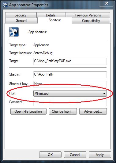 c how does windows force minimized state from a desktop shortcut